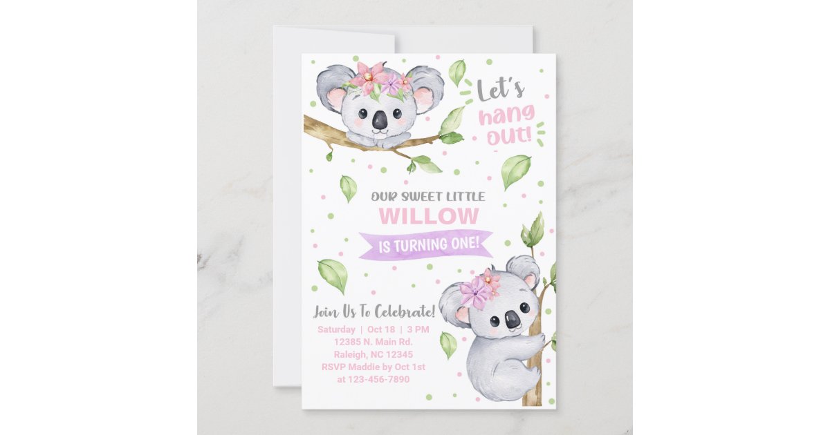 Koala girl birthday invitation, any age. invitation | Zazzle
