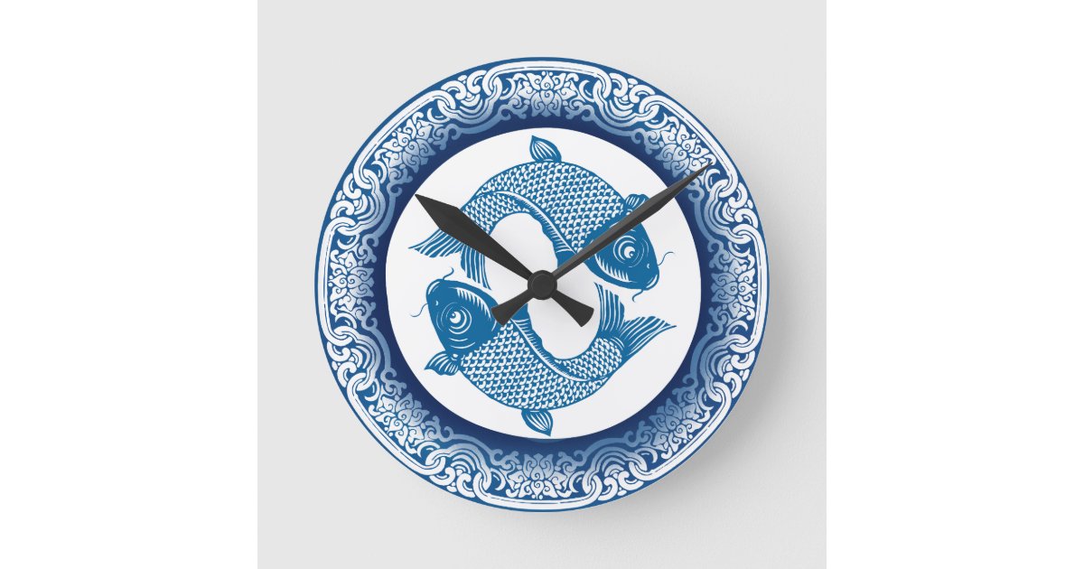 Koi Carp Fish Chinoiserie Blue Pattern Round Clock | Zazzle