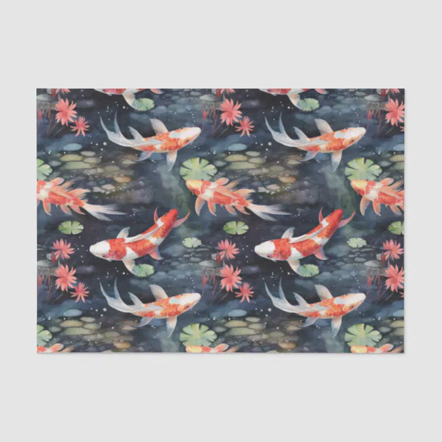 Koi Fish Dark Pond Floral Decoupage Tissue Paper | Zazzle
