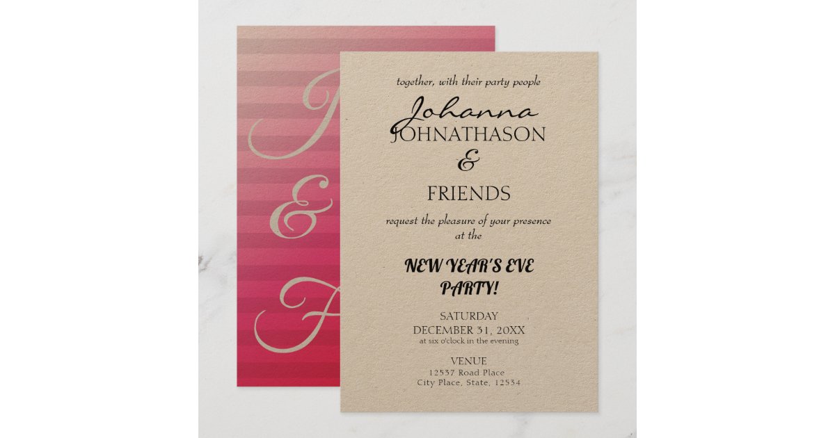 Kraft Beach Pink Monogram Funny NYE Invitation | Zazzle