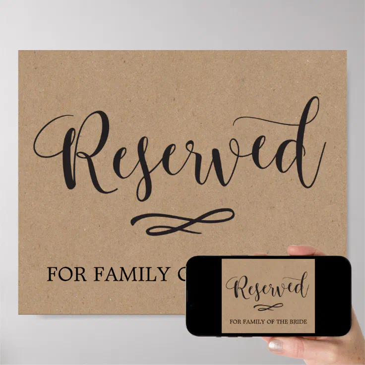 Kraft Calligraphy Reserved Seating Wedding Sign | Zazzle