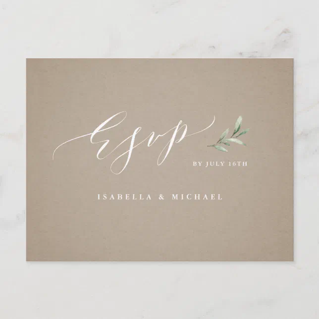 Kraft calligraphy rustic greenery wedding RSVP Invitation Postcard | Zazzle