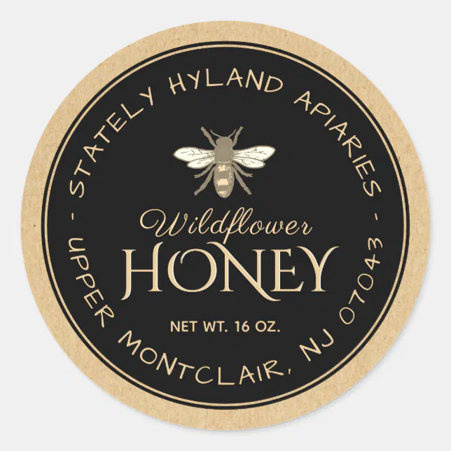Kraft Handwritten Black Honey Label (Heraldic Bee) | Zazzle