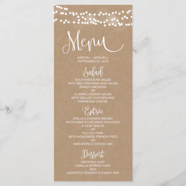 Kraft Lace and Rustic Wedding Menu Card | Zazzle