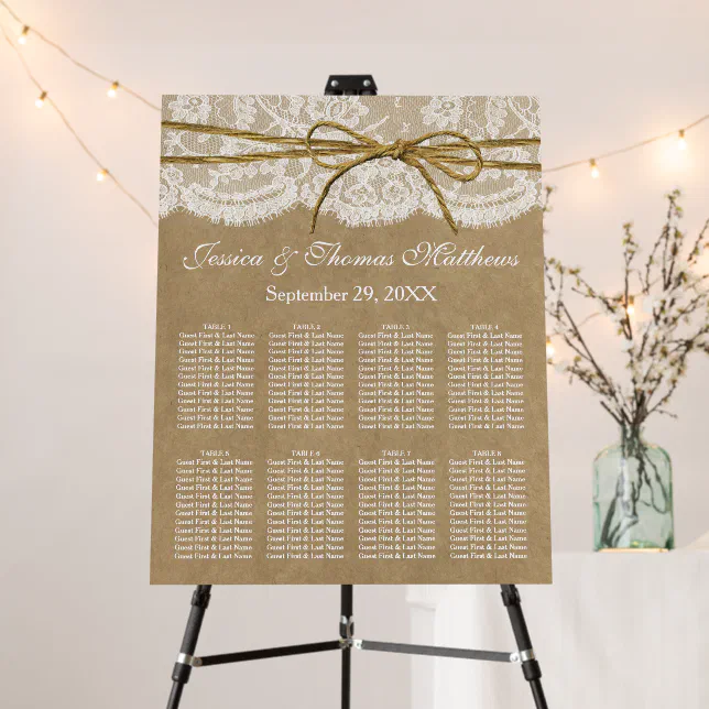 Kraft & Lace & Twine Bow Wedding Seating Chart Foam Board | Zazzle