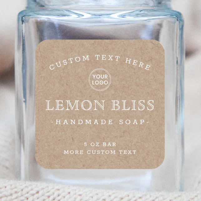 Kraft look paper white text square product labels | Zazzle