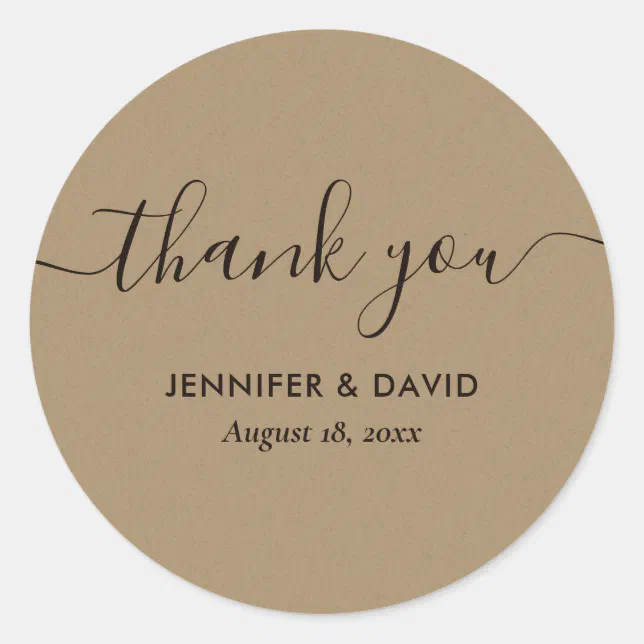 Kraft Modern Script Thank You Classic Round Sticker | Zazzle