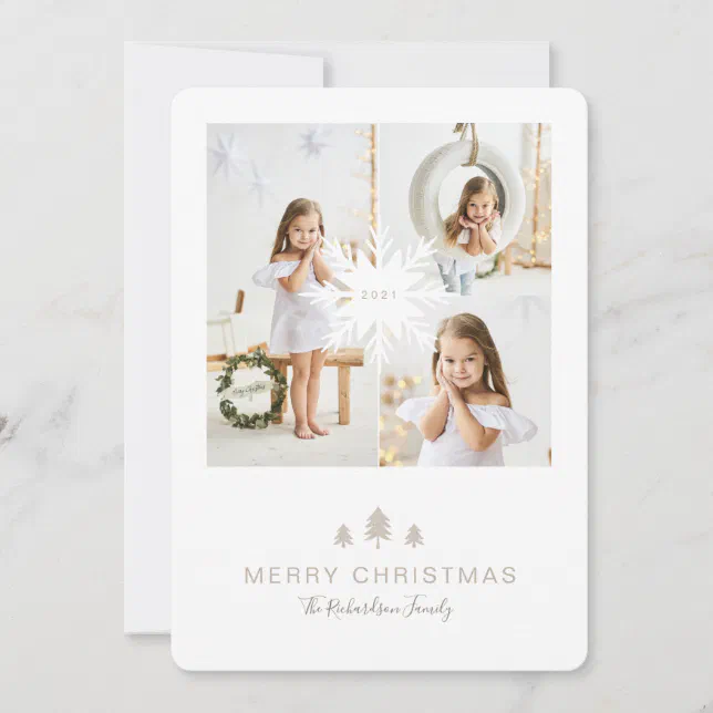 Kraft Paper Christmas Tree & Snowflake 3 Photo Holiday Card | Zazzle