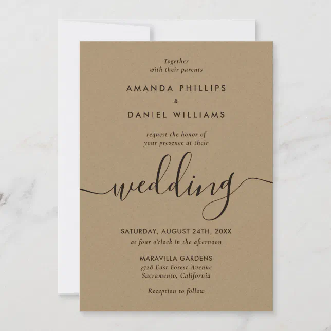 Kraft Paper Elegant Script Wedding Invitation | Zazzle