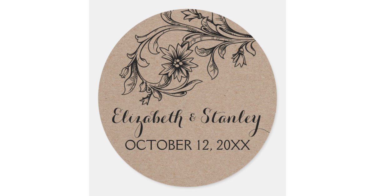 Kraft paper rustic floral wedding Save the Date Classic Round Sticker ...