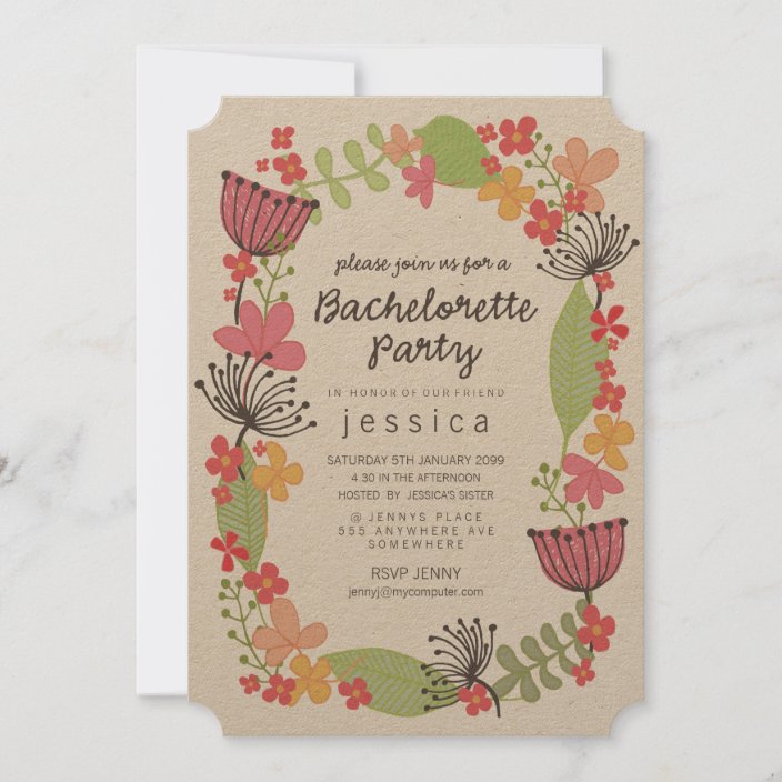 Kraft Rustic Floral Border Bachelorette Party Invi Invitation | Zazzle