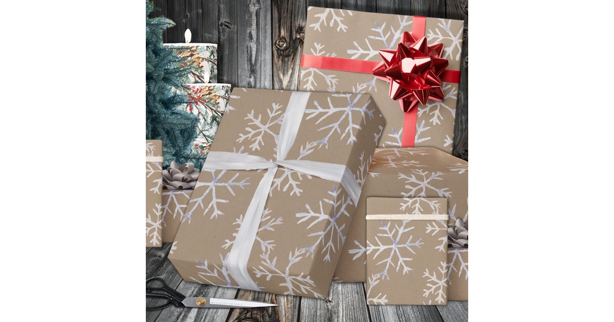 Kraft Rustic Hand-Drawn Icy White Snowflakes Wrapping Paper | Zazzle