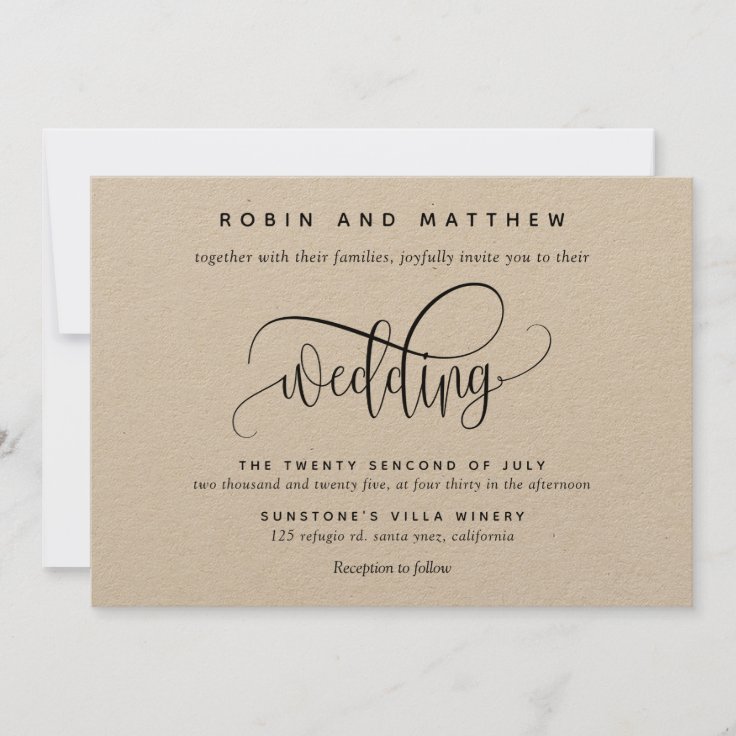 Kraft, Rustic Modern, Elegant Script Wedding Invitation | Zazzle