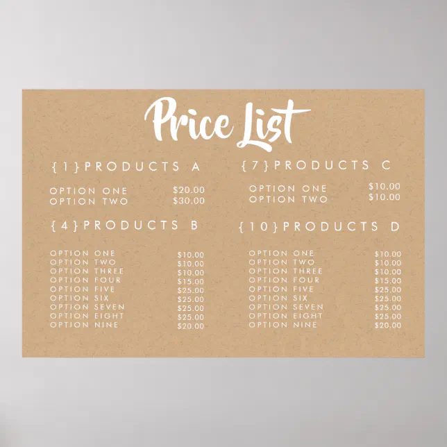 KRAFT Service Price Menu Custom Printed Poster | Zazzle