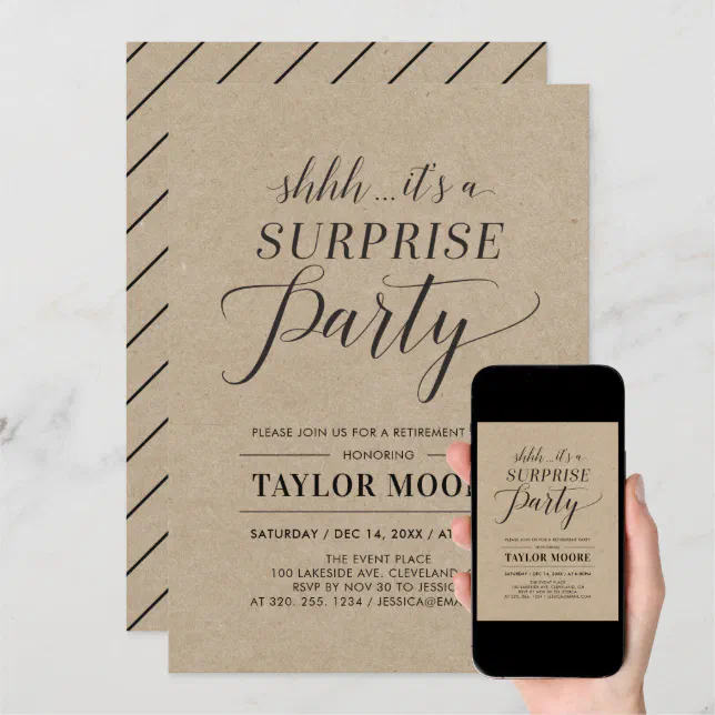 Kraft | Simple Modern Surprise Retirement Party Invitation | Zazzle