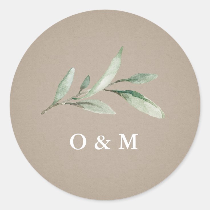 Kraft Simple rustic Greenery monogram Classic Round Sticker | Zazzle