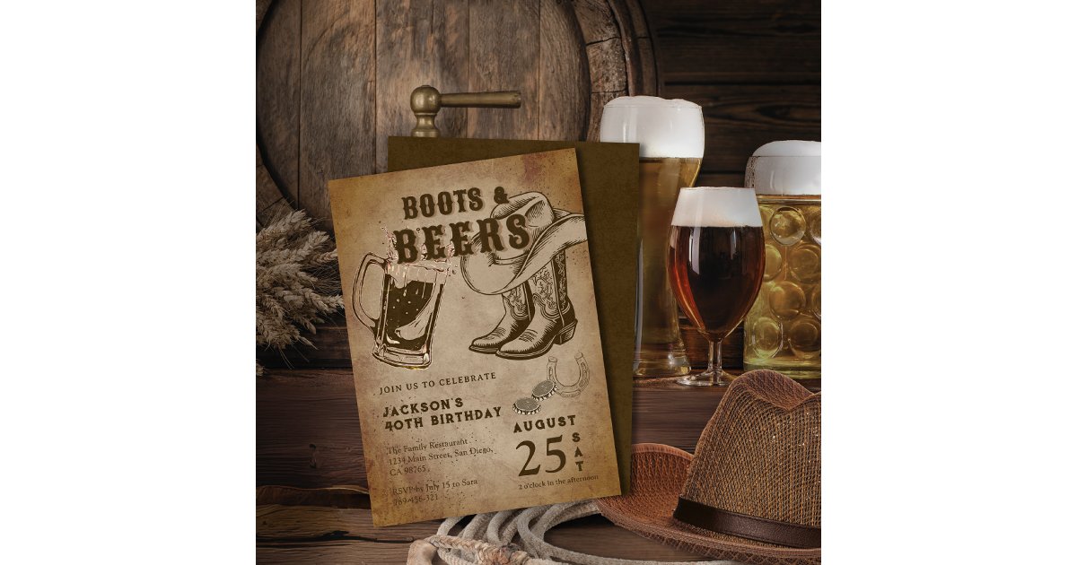 Kraft Sketch Western Cowboy Boots & Beers Birthday Invitation | Zazzle