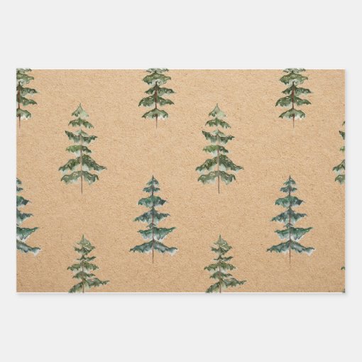 Kraft Watercolor Christmas Green Pine Tree Wrapping Paper Sheets | Zazzle