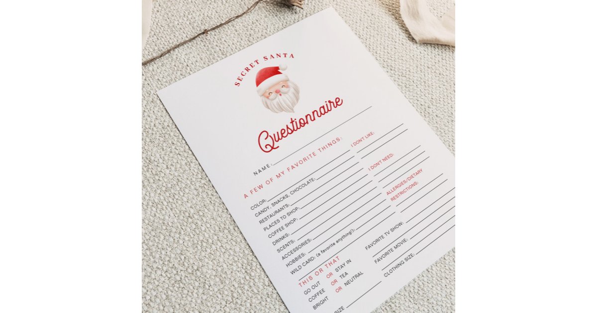 KRIS Christmas Secret Santa Questionnaire Card | Zazzle