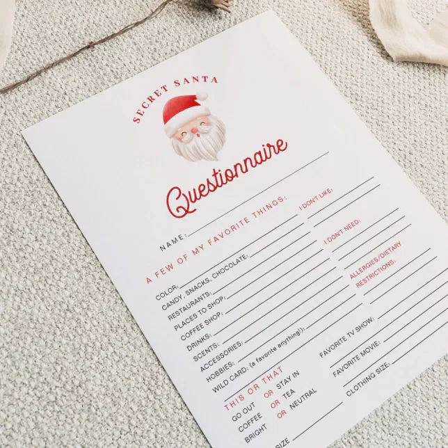 KRIS Christmas Secret Santa Questionnaire Card | Zazzle