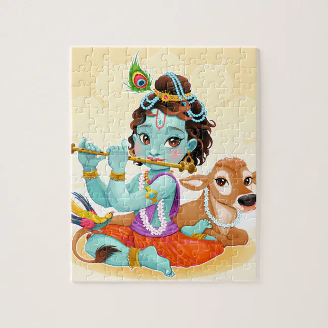 Krishna Indian God playing flute illustration Jigsaw Puzzle | Zazzle