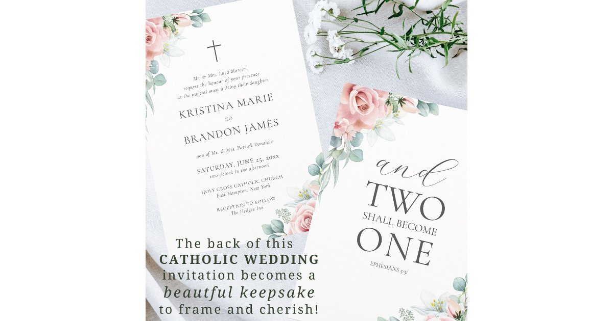 Kristina Pink Floral Modern Catholic Wedding Invitation | Zazzle