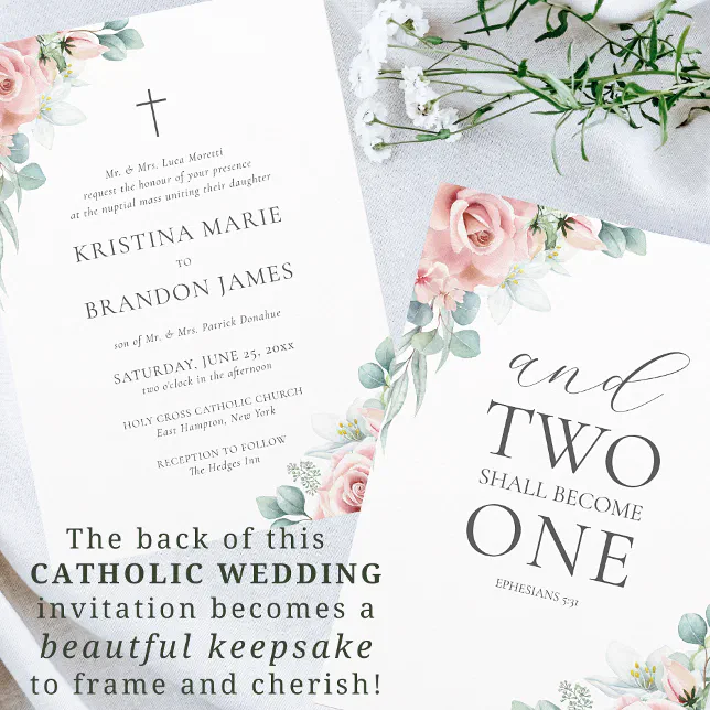 Kristina Pink Floral Modern Catholic Wedding Invitation | Zazzle