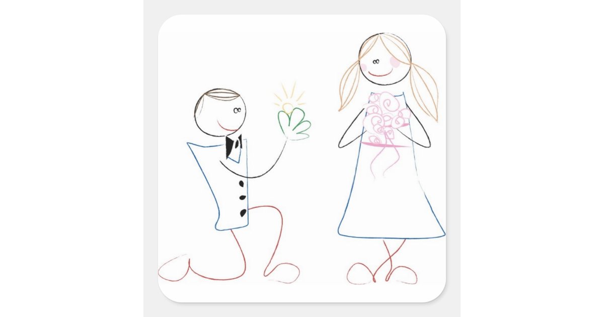 KRW Cute Bride and Groom Stick Figure Square Square Sticker | Zazzle