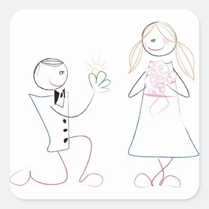 KRW Cute Bride and Groom Stick Figure Square Square Sticker | Zazzle