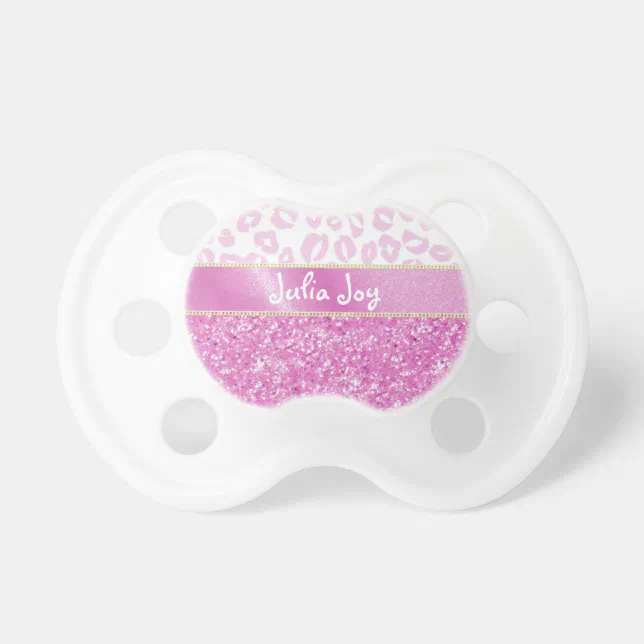 KRW Faux Pink Glitter and Leopard Custom Name Pacifier | Zazzle