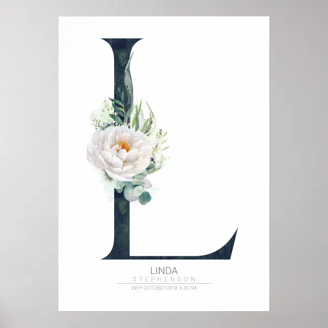 L Letter Monogram White Flowers and Greenery Poster | Zazzle