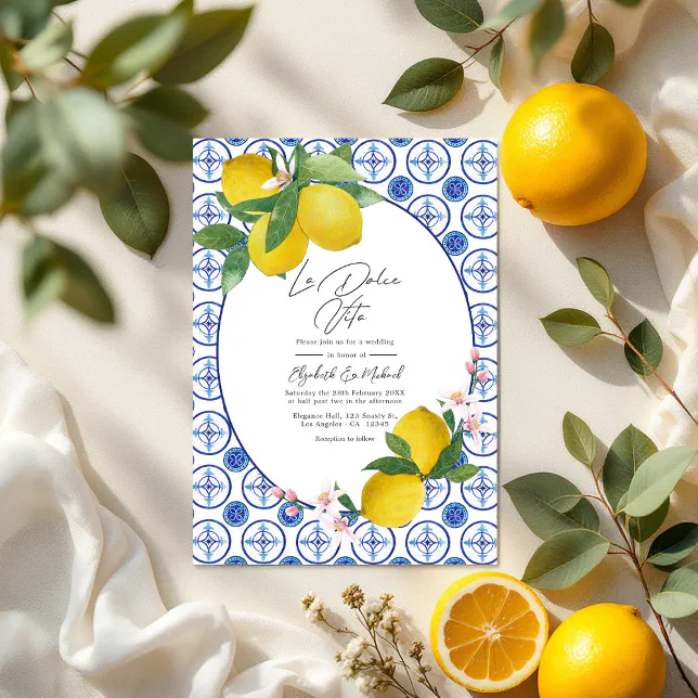 La Dolce Vita Italian Lemon Tiles Wedding QR Code Invitation | Zazzle