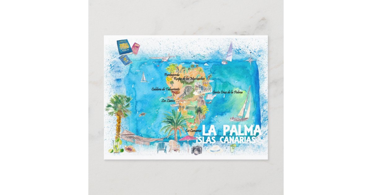 La Palma Illustrated Travel Map with Roads Postcard | Zazzle