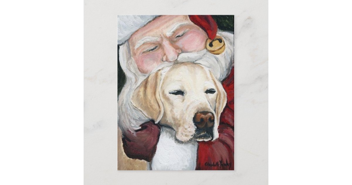 "Lab Gets Santa Hugs" Art Christmas Postcard | Zazzle