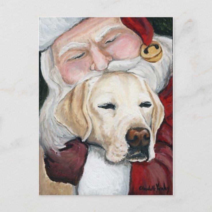 "Lab Gets Santa Hugs" Art Christmas Postcard | Zazzle