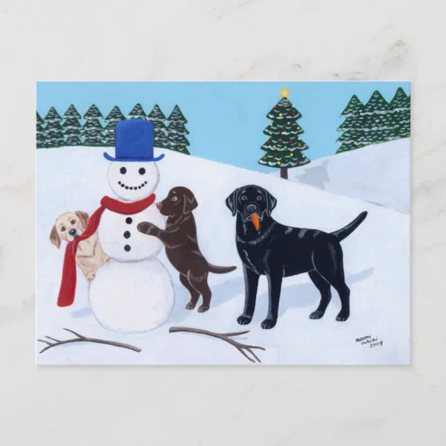 Labrador Christmas with Snowman Holiday Postcard | Zazzle