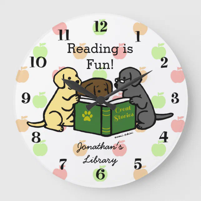 Labrador Puppies Reading Cartoon Large Clock | Zazzle
