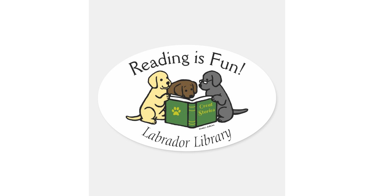 Labrador Puppies Reading Cartoon Oval Sticker | Zazzle