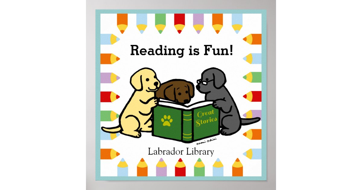 Labrador Puppies Reading Cartoon Poster | Zazzle
