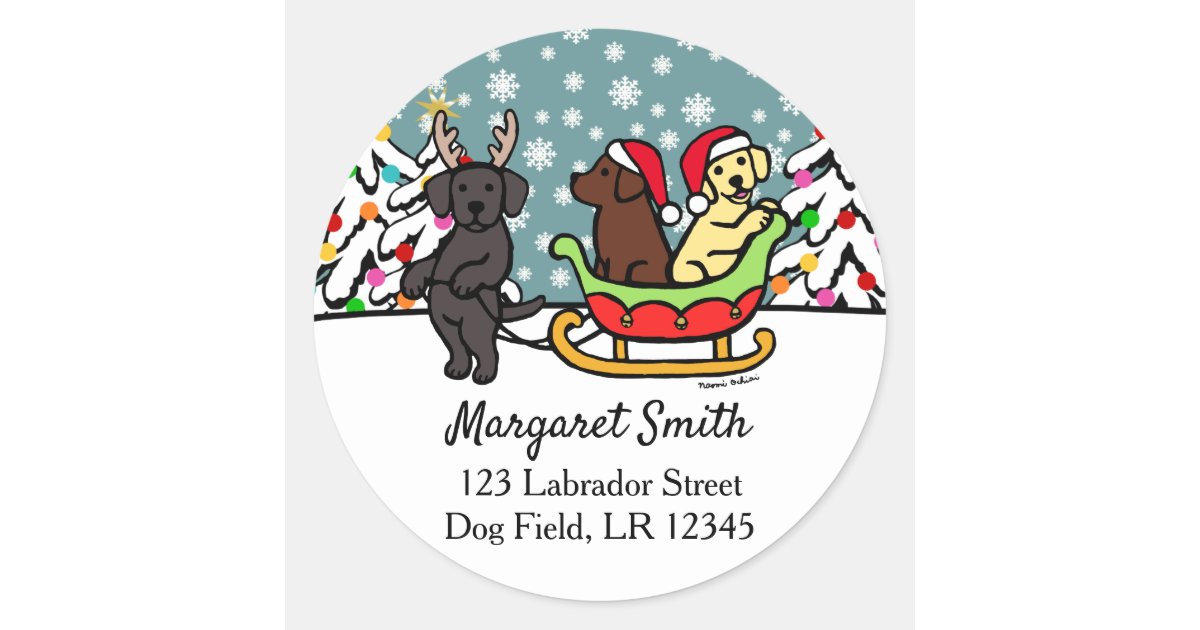 Labrador Puppies Sleigh Christmas Return Address Classic Round Sticker ...