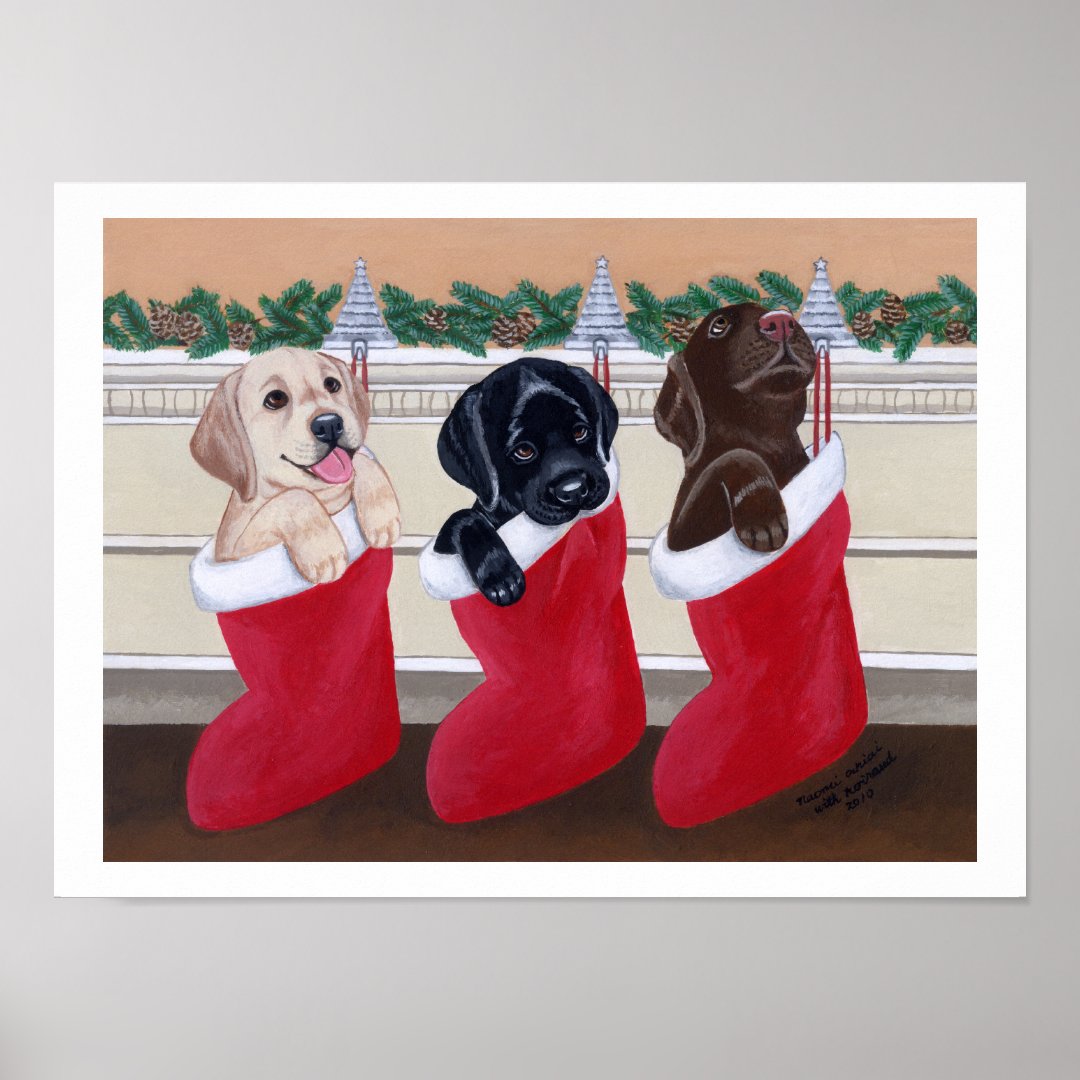 Labrador Retriever Puppies Christmas Artwork Poster | Zazzle