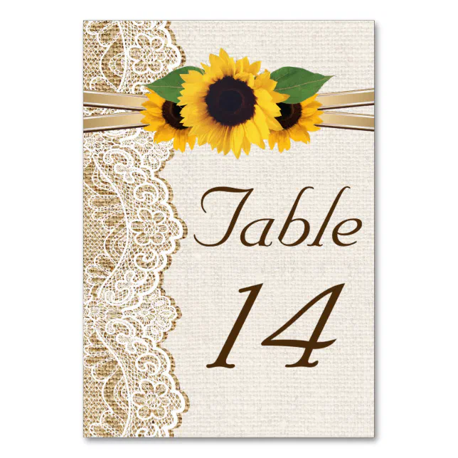 Lace and sunflowers burlap wedding table number | Zazzle