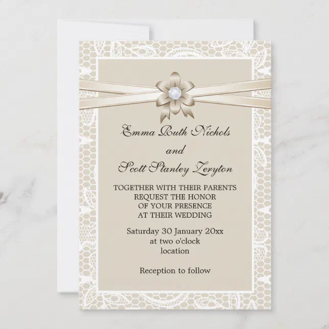 Lace border with beige ribbon wedding invitation | Zazzle