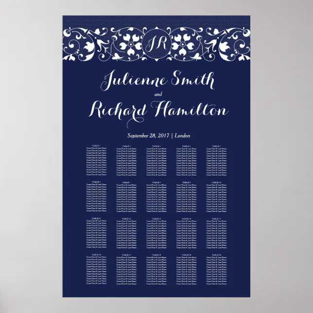 Lace | Monogram Wedding 20 Tables Seating Chart | Zazzle