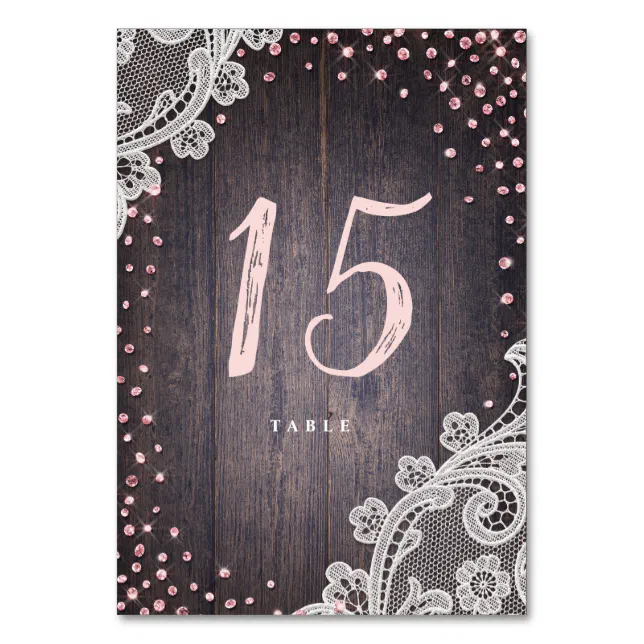 Lace wood blush glitter rustic wedding table card | Zazzle