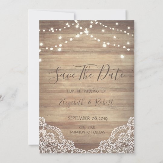Lace, Wood Texture, String Lights Save The Date | Zazzle.com