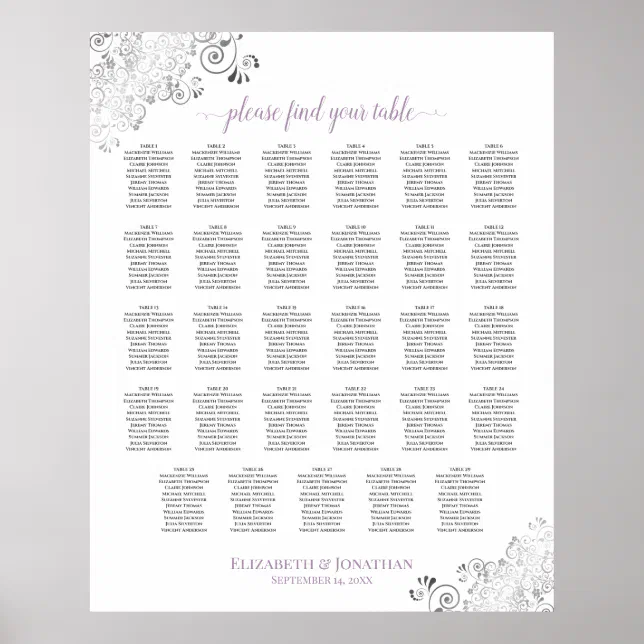 Lacy 29 Table Wedding Seating Chart Lavender White | Zazzle