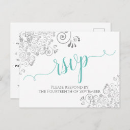 Lacy Aqua Calligraphy on White Wedding RSVP Postcard | Zazzle