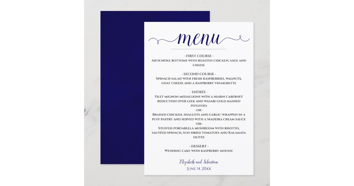 Lacy Calligraphy Navy Blue & White Wedding Menu | Zazzle