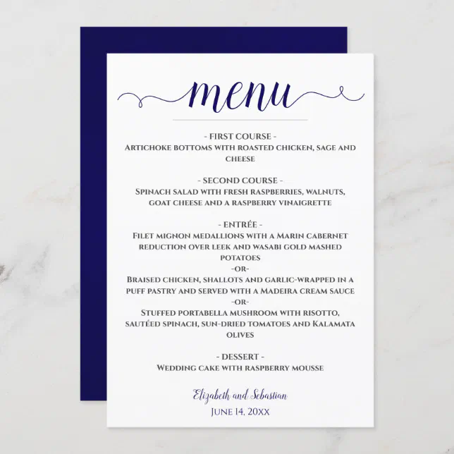 Lacy Calligraphy Navy Blue & White Wedding Menu | Zazzle
